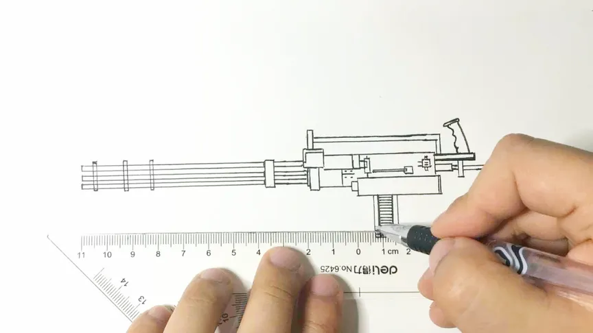 只需1分钟,画出冒蓝火的加特林机关枪,重点地方都很像