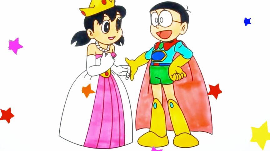 手工绘画哆啦A梦大雄动漫图形,认知颜色学习彩绘教程