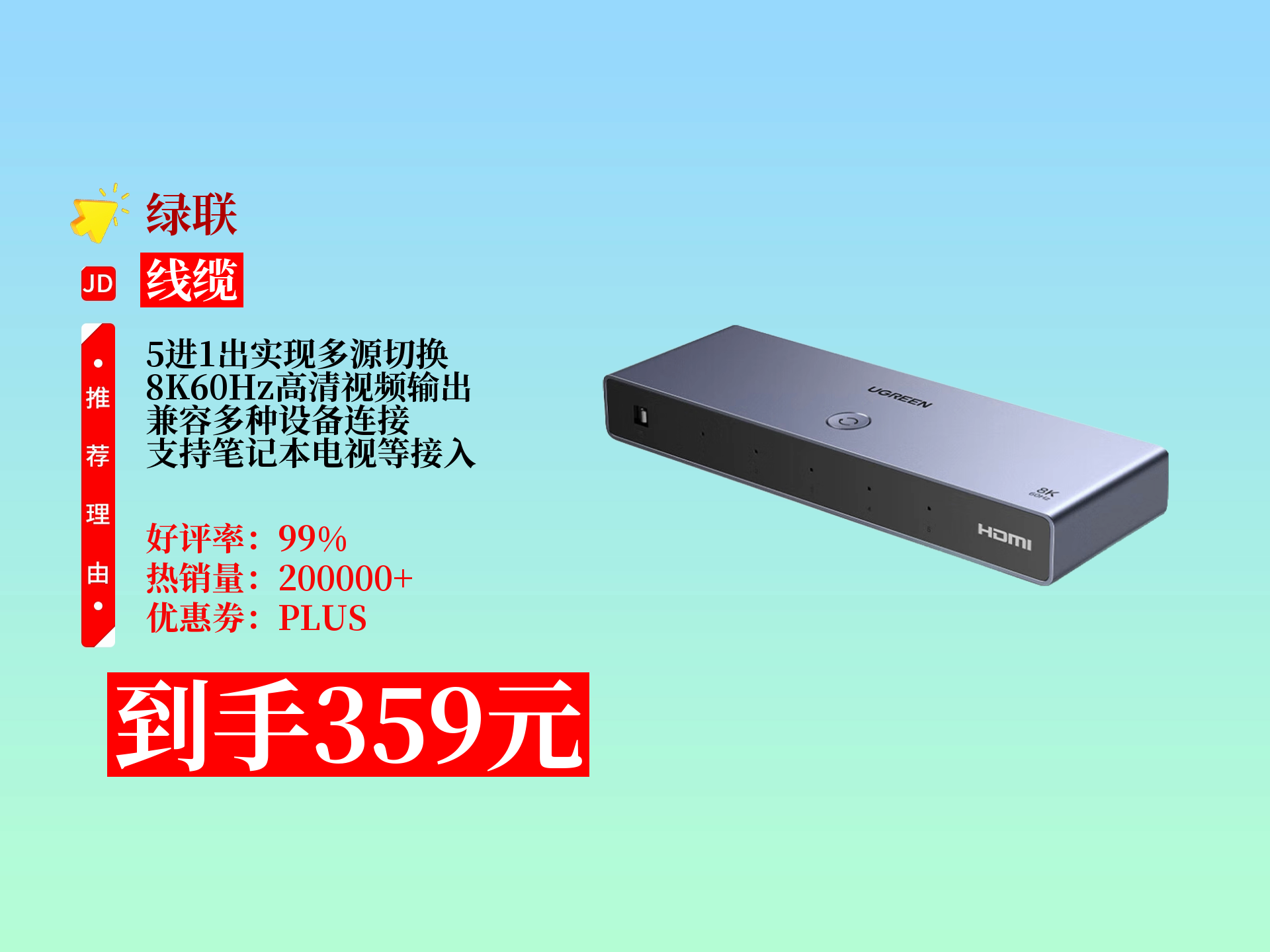 绿联HDMI2.1切换器,5进1出可多源切换,8K60Hz高清输出,兼容笔记本、...