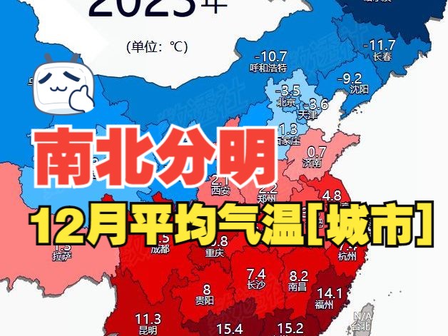 南北分明!全国省会城市12月平均气温