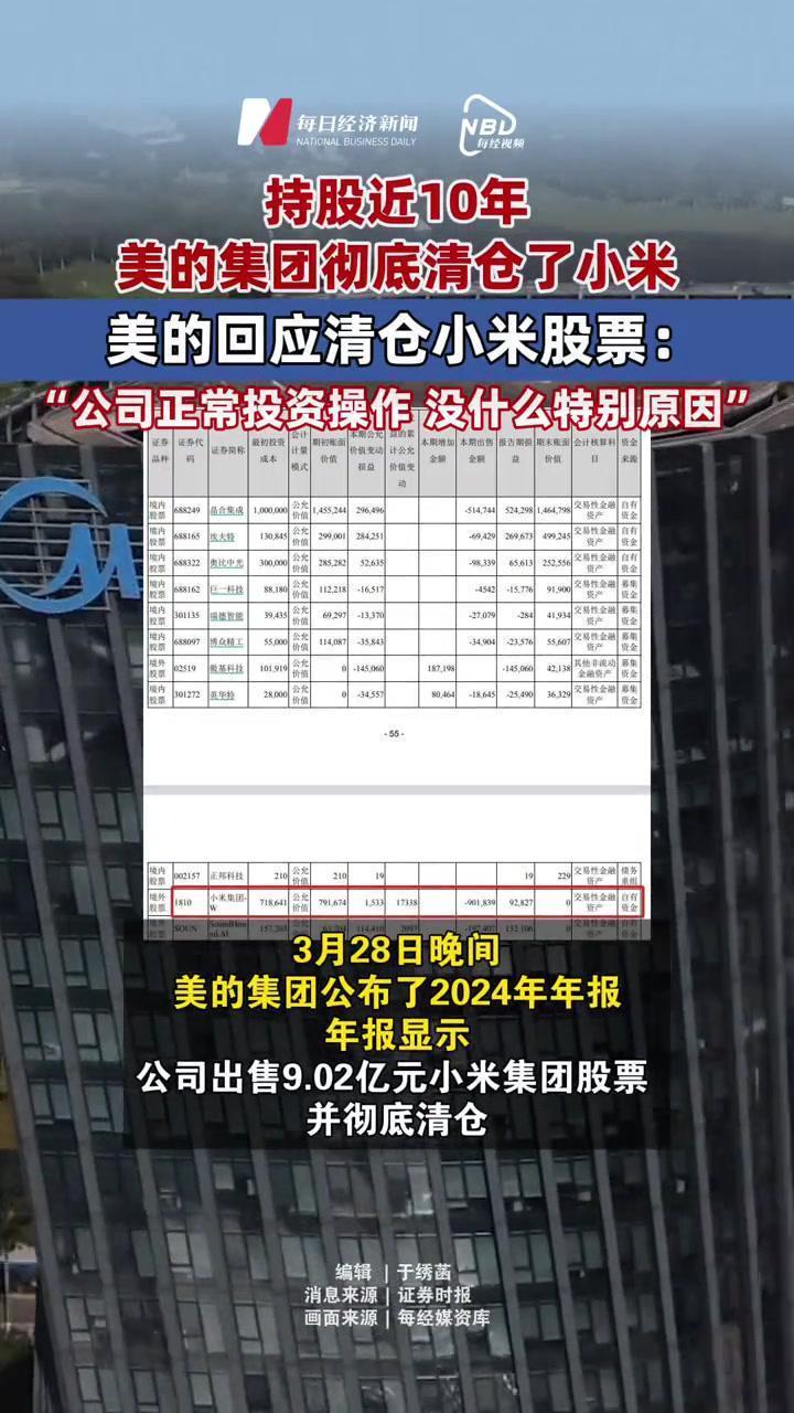 #持股近10年,#美的集团彻底清仓了小米!美的回应:属公司正常投资操作...