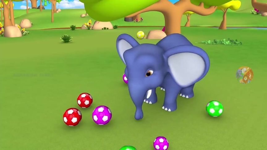 森林里的小动物黑猩猩大象一起在彩球堆里寻找各种彩色形状