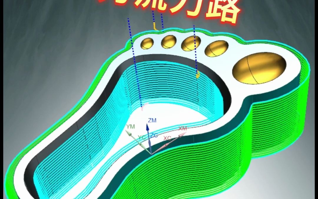 UG编程:脚丫烟灰缸-轮廓铣-两种螺旋一刀流刀路。第1种外形螺旋一刀...