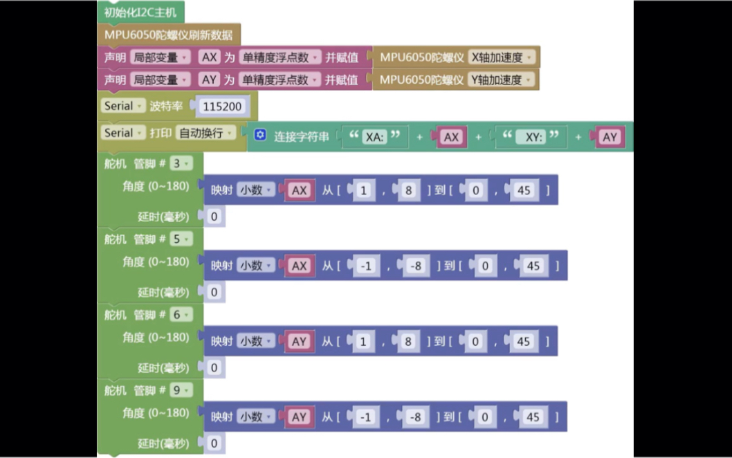 Mixly2.0 米思齐 MPU6050控制四个舵机