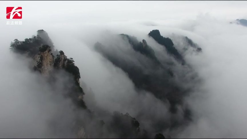 张家界天子山云海云瀑罕见齐现,云雾缭绕宛若“阿凡达秘境”