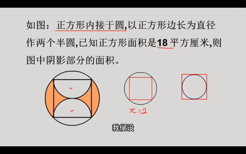 ...半圆,已知正方形面积是18 平方厘米,那么图中阴影部分的面积是多少?