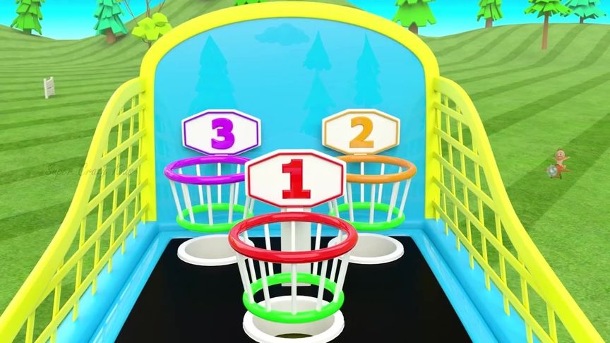 小男孩和小女孩一起玩彩色小球的投篮游戏,益智动画学习各种颜色