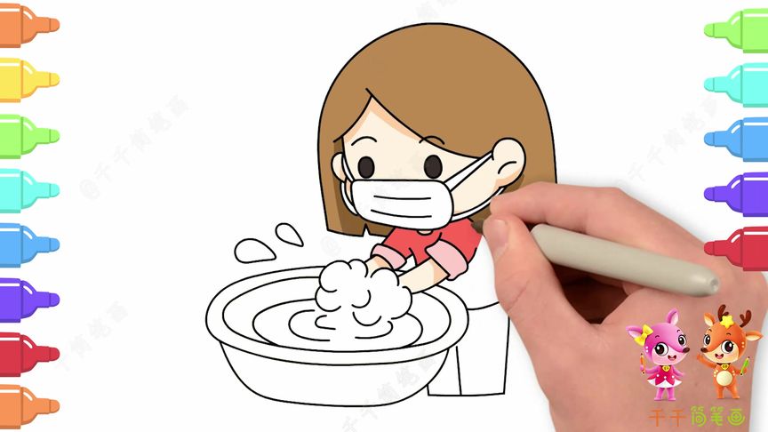 亲子育儿绘画,幼儿抗疫情简笔画教程,戴口罩勤洗手远离新冠肺炎