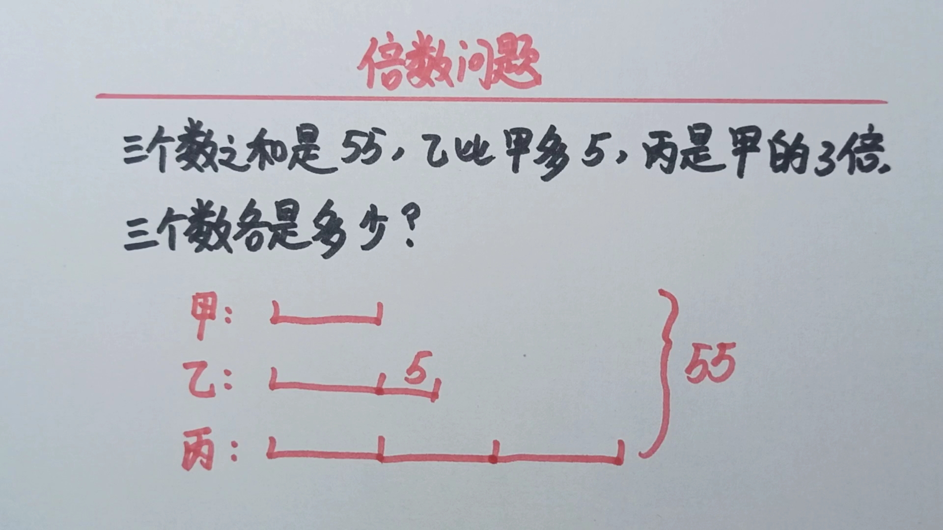 三数之和是55,乙比甲多5,丙是甲的3倍,三个数各是多少?