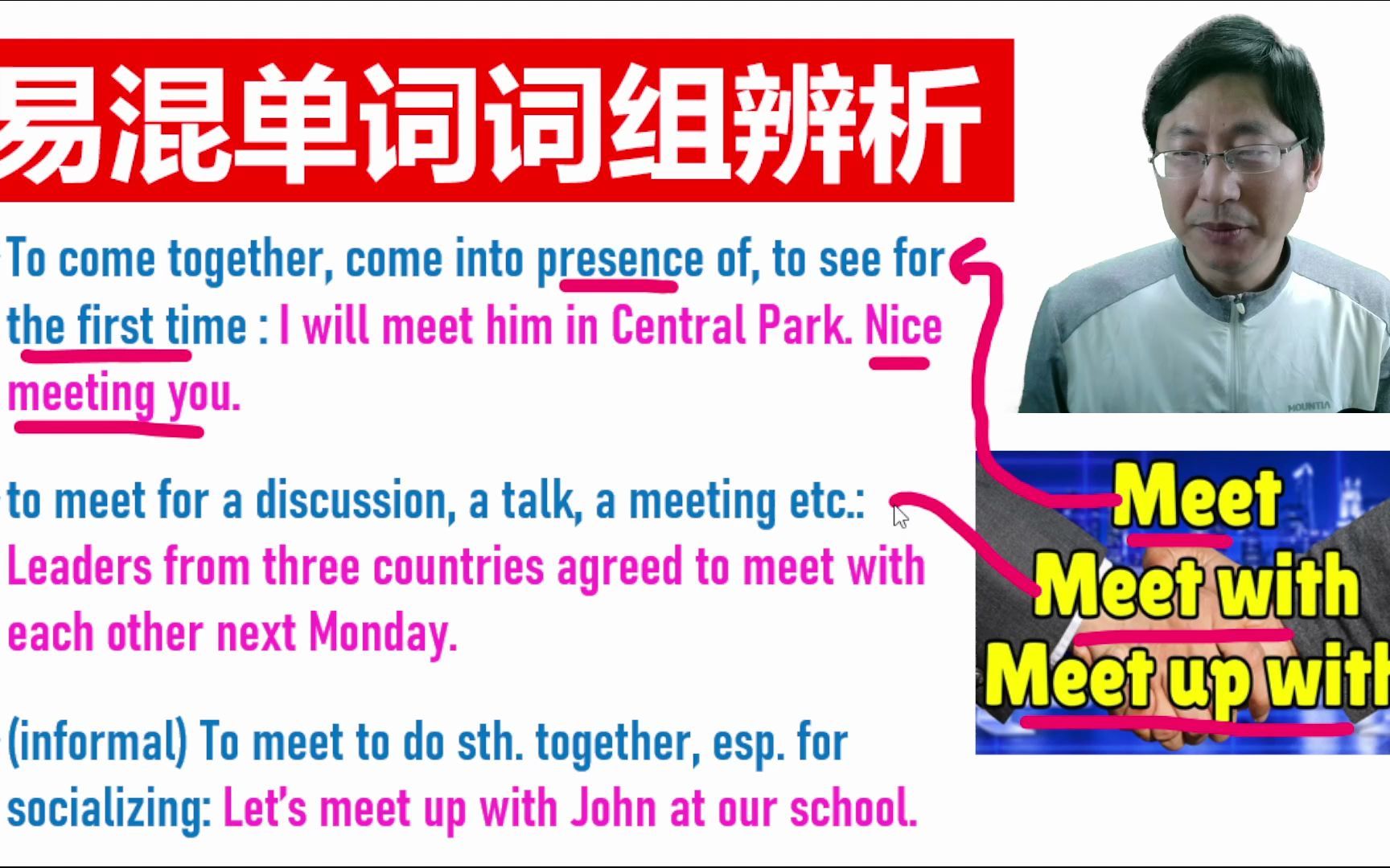 英语辨析2:见面meet with为什么加个with呢,朋友约起meet up即可