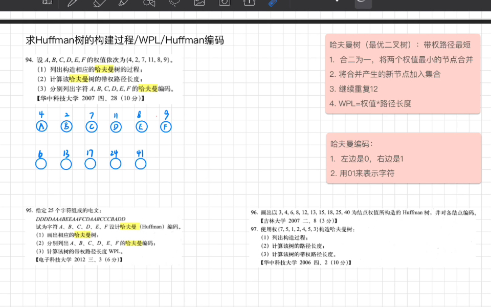 数据结构1800题型-构建哈夫曼树/求带权路径长度/哈夫曼编码
