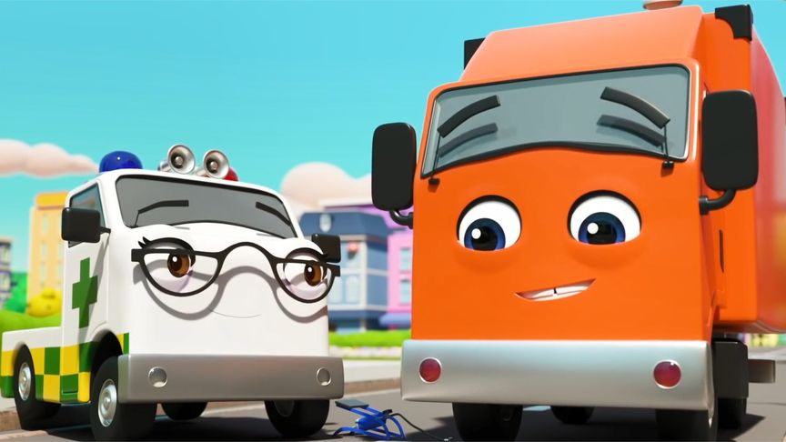 儿童卡通车动画:好心的救护车小姐,帮助货车先生恢复轮胎