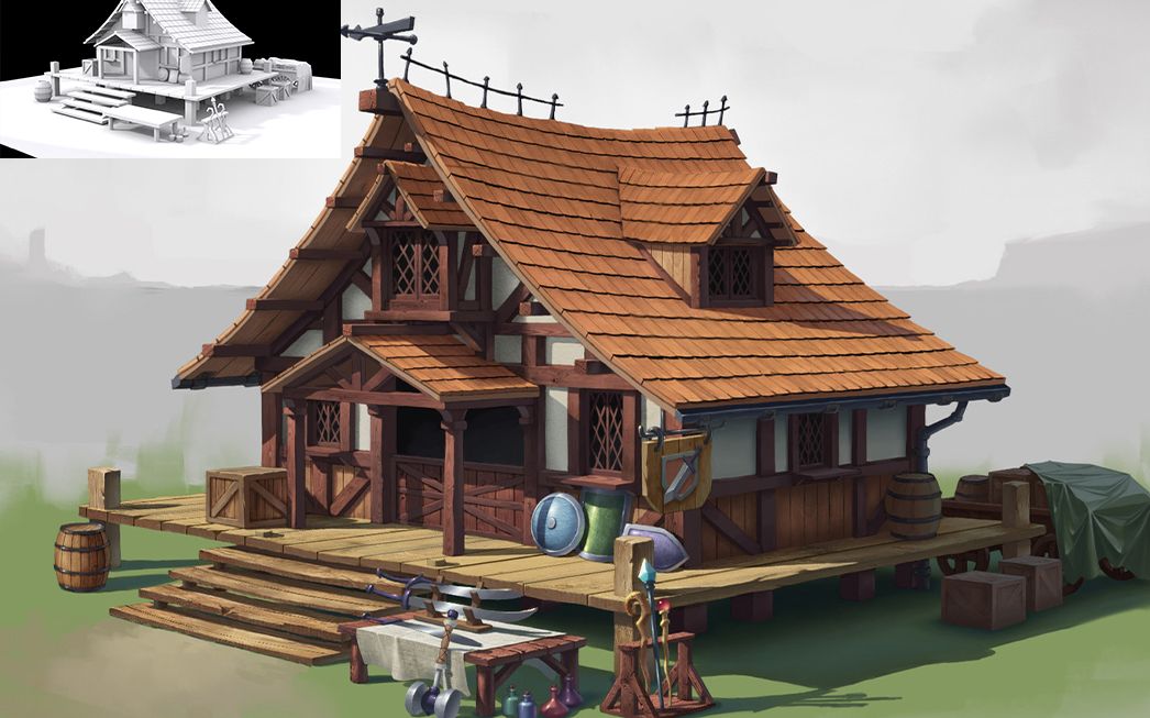 【3dmax房子建模】游戏场景猎魔人商店制作,适合初学者学习的案例