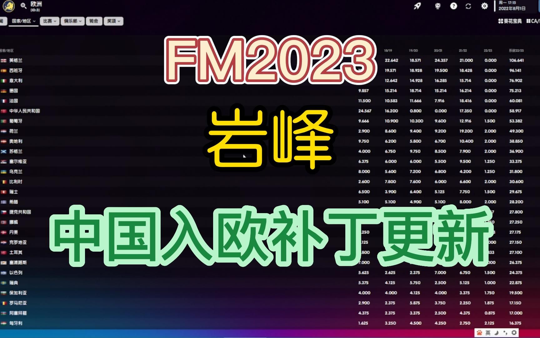 足球经理2023 岩峰中国入欧补丁更新 调整一些规则 增加球队
