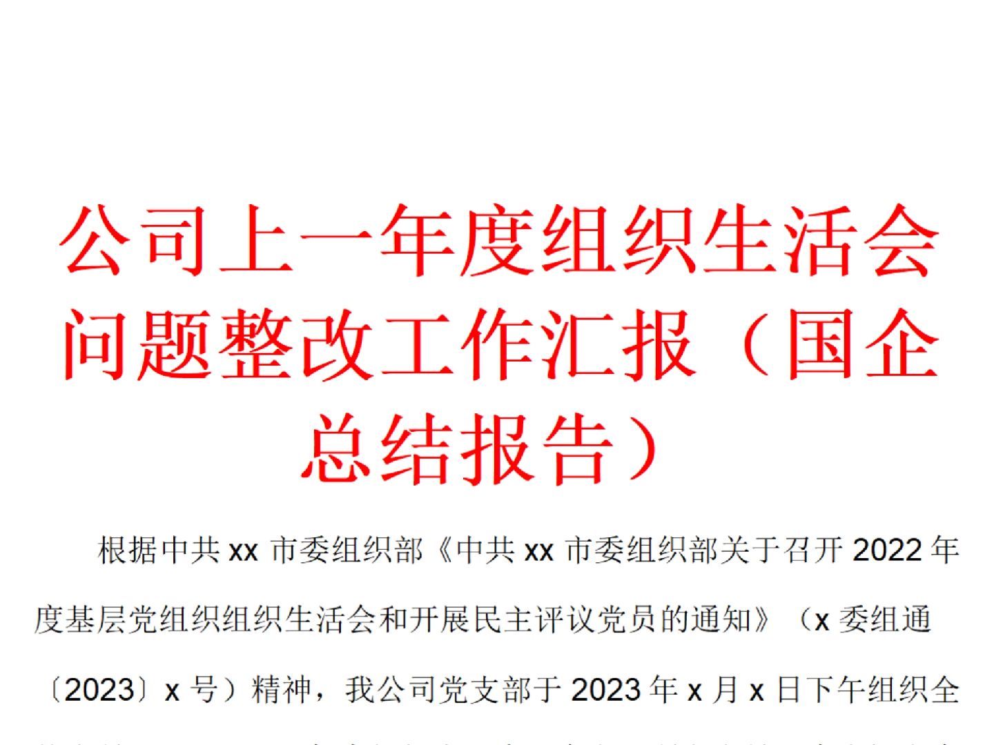 公司上一年度组织生活会问题张改工作汇报国企总结报告