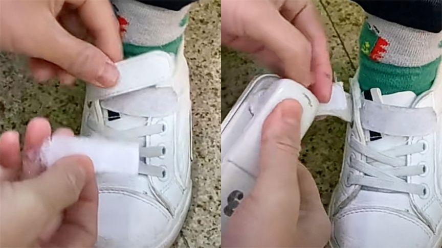 幼儿园小朋友鞋子绑带的魔术贴掉了 老师妙用“订书机”快速复原
