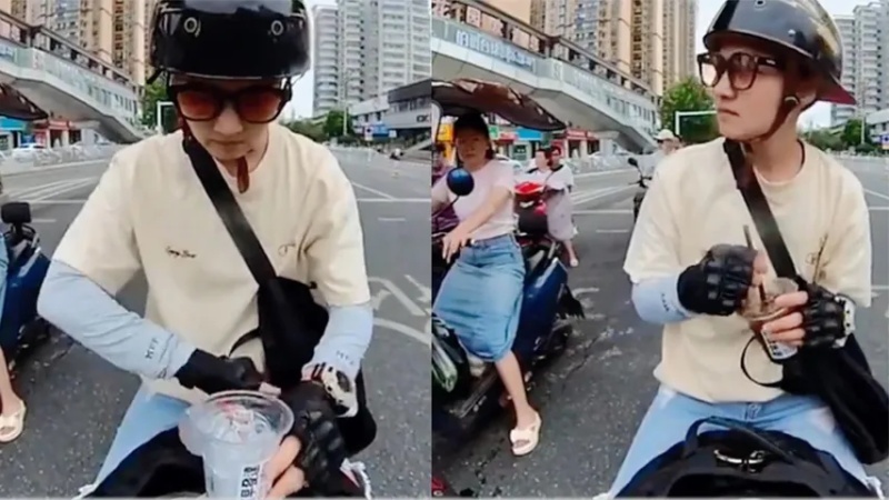 女骑手的精致生活,趁等红灯间隙冲一杯咖啡