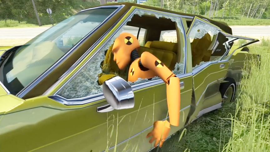 BeamNG:不系安全带vs系安全带,小轿车开足马力碰撞测试假人