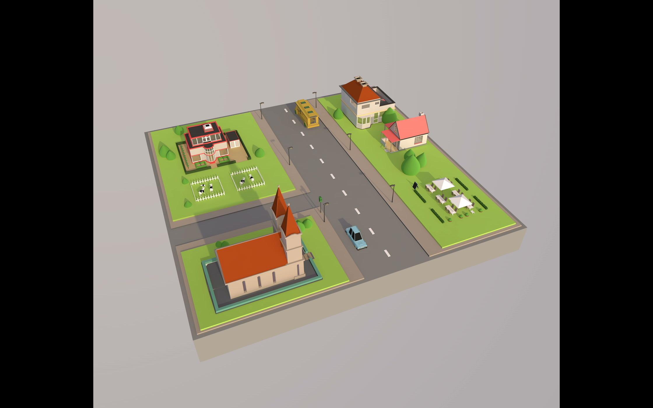 【C4D动画】小车经过房子的立体卡通动画