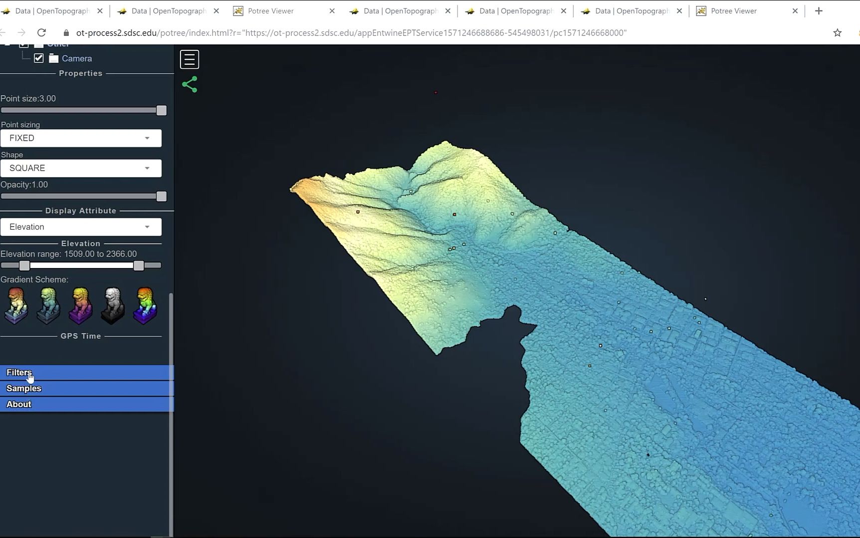 OpenTopography教程:使用Potree点云查看器查看地形