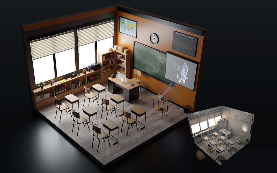 【3Dmax场景建模】迷你场景“教室”模型制作,超详细场景建模思路...