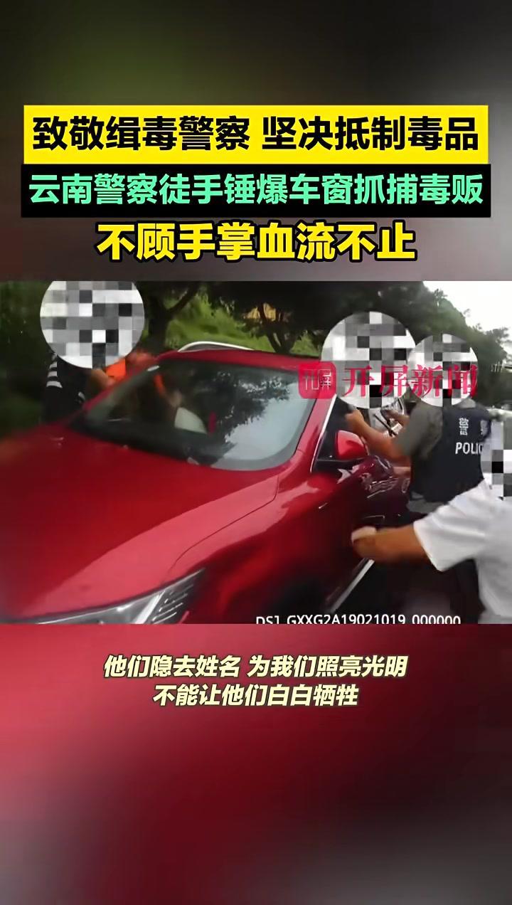 致敬缉毒警察,坚决抵制毒品,云南警察徒手锤爆车窗抓捕毒贩,不顾手掌...