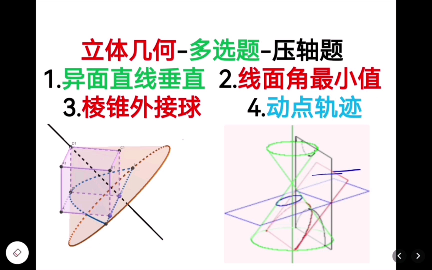 立体几何-压轴题-多选题,异面直线垂直,线面角最小值,棱锥外接球,动点...