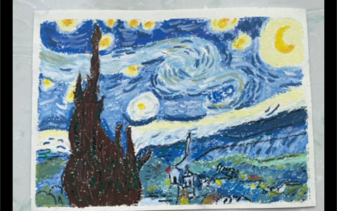 两周学习油画棒初临摹梵高莫奈 《星空》《日落印象》。