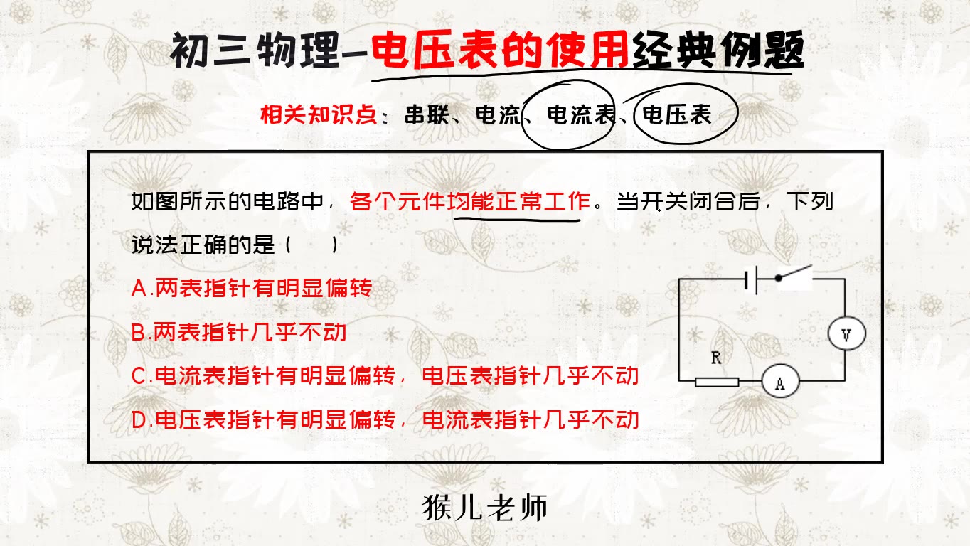 猴儿老师讲物理,电压表串联在电路中,电流表和电压表示数是什么