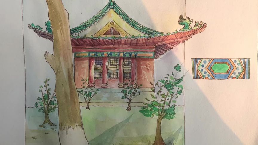 校园写生～#水彩 #画画 #风景画 #钢笔淡彩