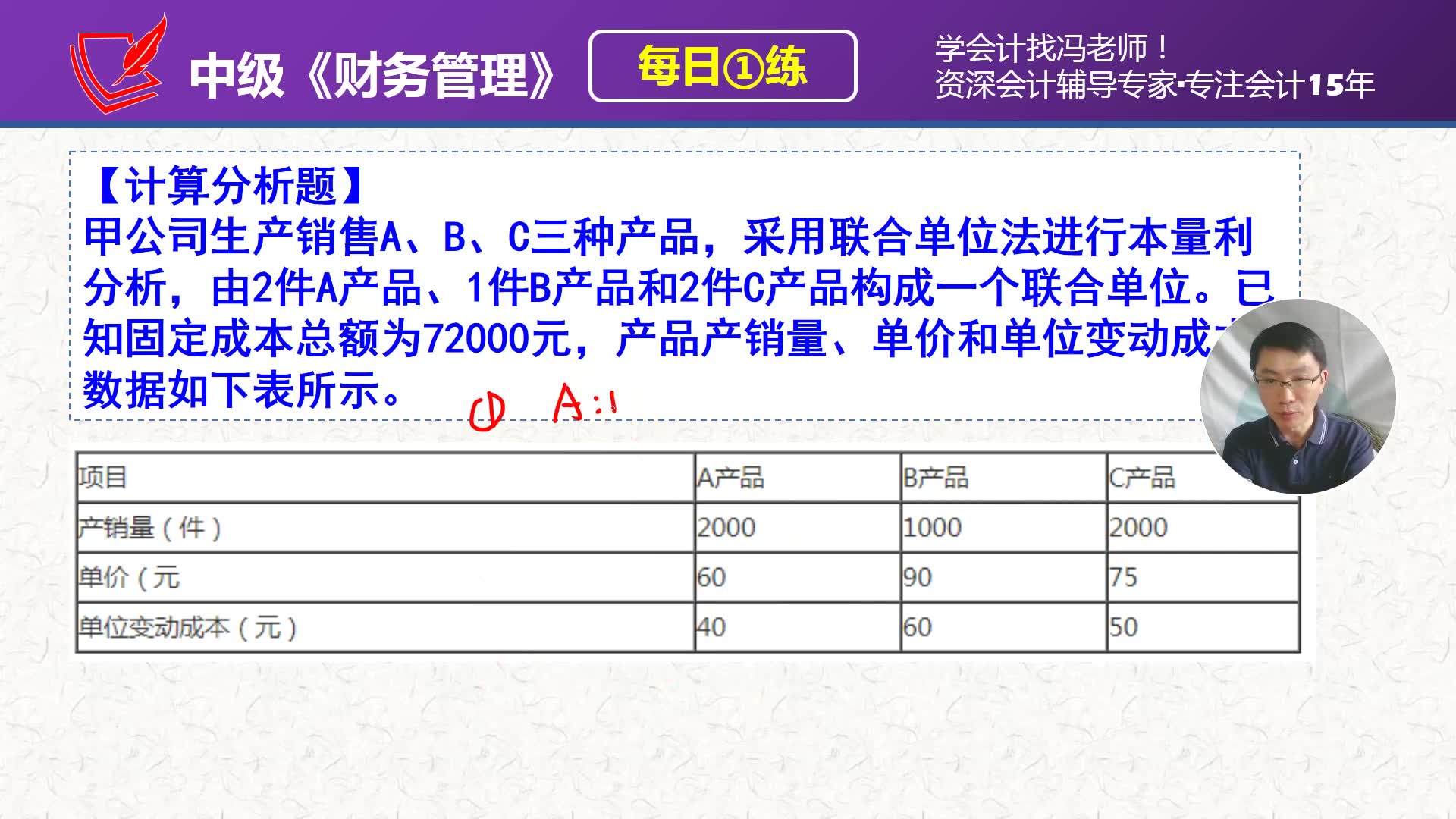 《财务管理》每日一练第67天,联合单位法本量利分析
