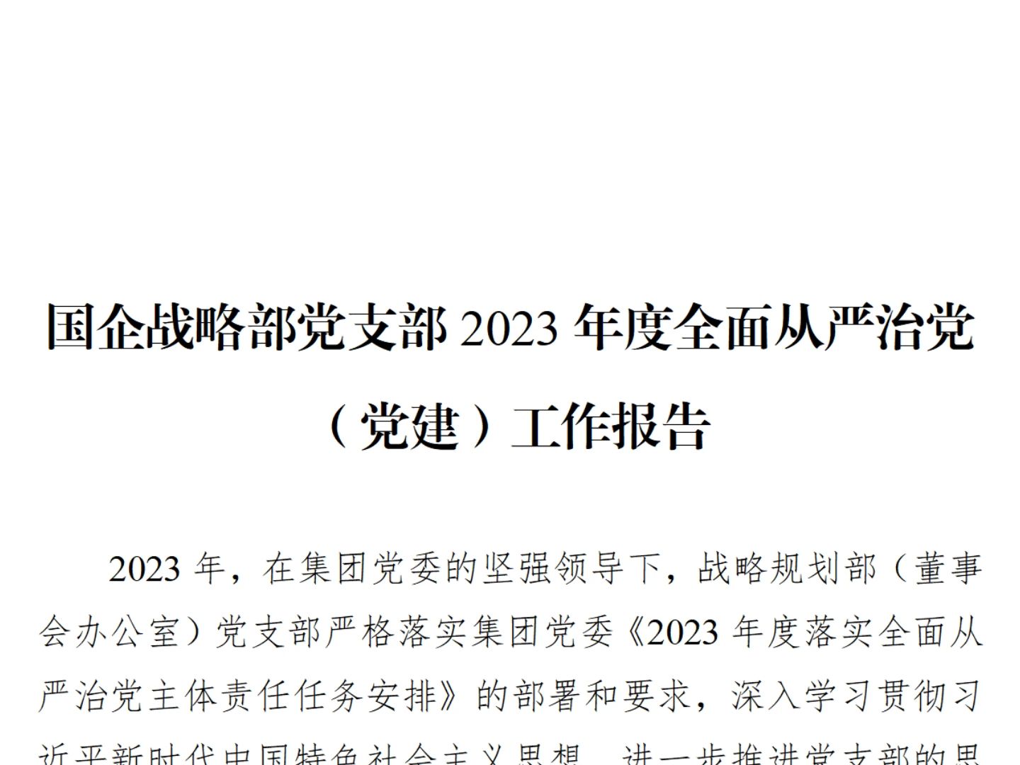 国企战略部党支部2023年度全面从严治党(党建)工作报告(3666字)