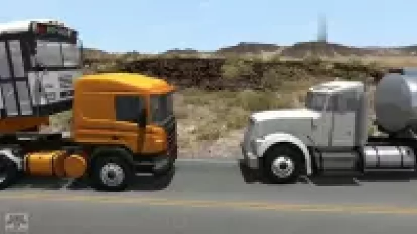 BeamNG:斯堪尼亚半挂货车开足马力迎面冲撞油罐车,模拟车祸游戏
