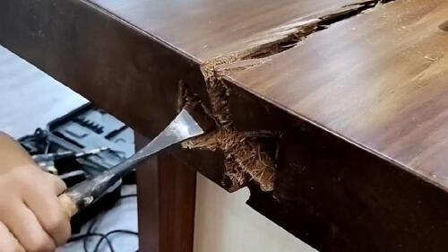 纯手工修复变形开裂桌子,小裂成大裂,修复完成和新的一样!