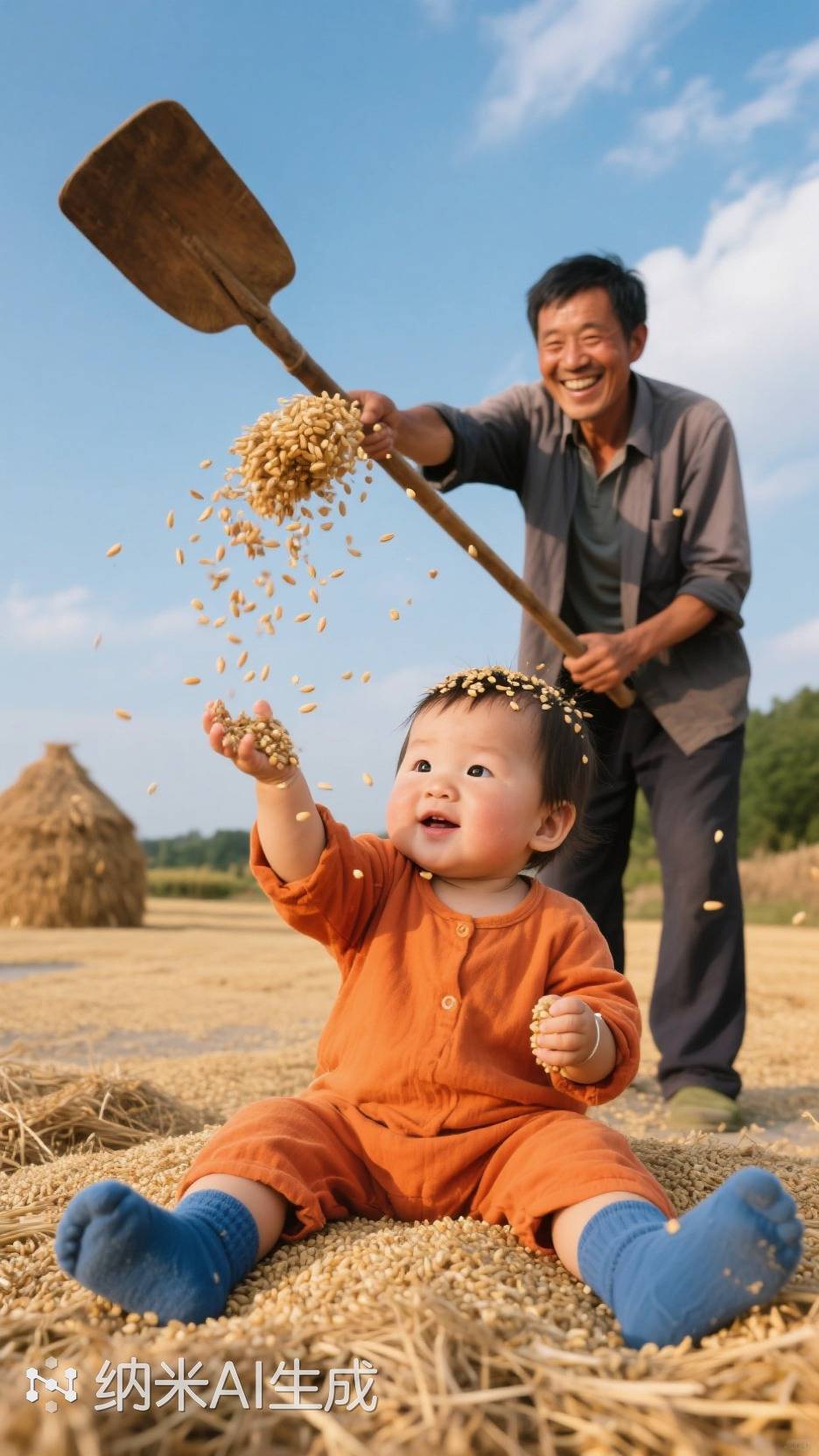 萌娃撒谷子撒满头,爸爸笑到直不起腰 #萌娃