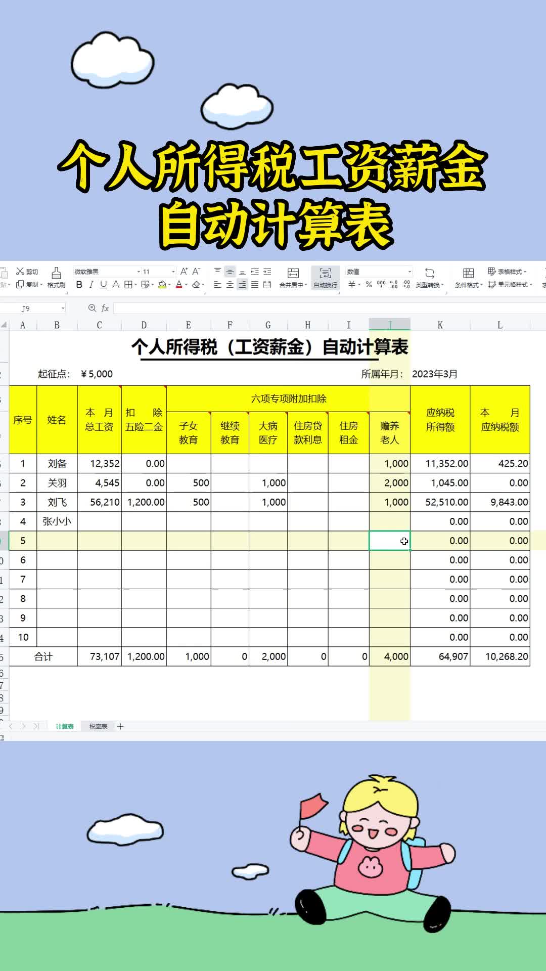 个人所得税工资薪金自动计算表,输入本月总工资数据及专项附加