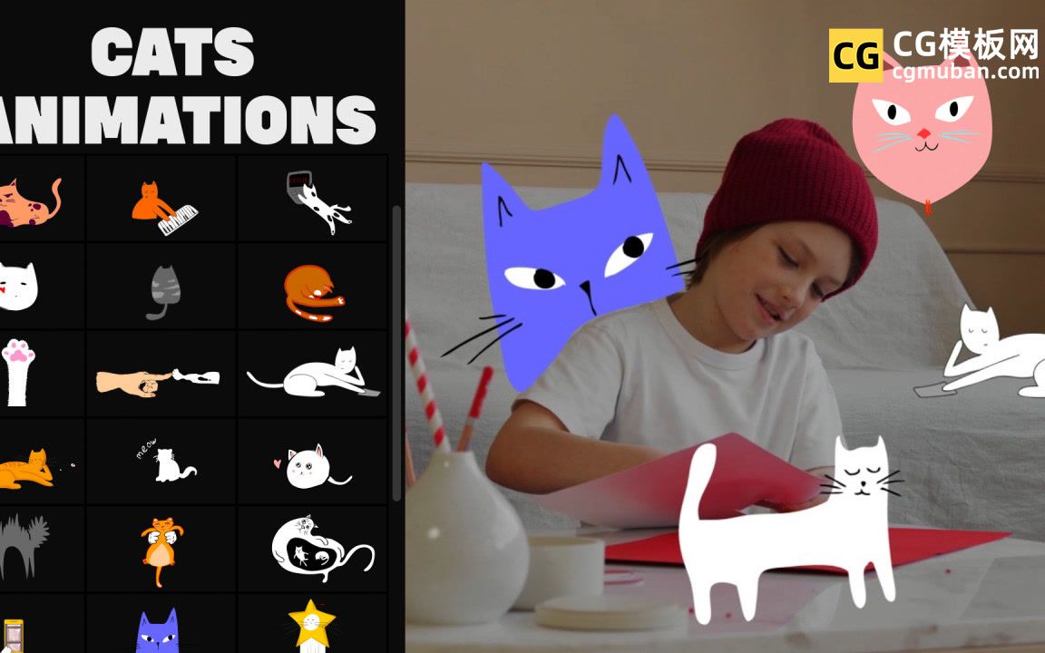 FCPX插件 手绘可爱猫咪贴纸动画finalcut素材支持M1