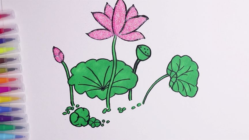 荷花简笔画画法和彩色,趣味涂色, 闪闪彩色