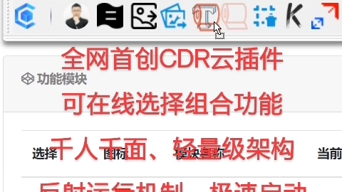 全网首创CDR云插件,可在线选择组合功能,千人千面、轻量级架构,反射...