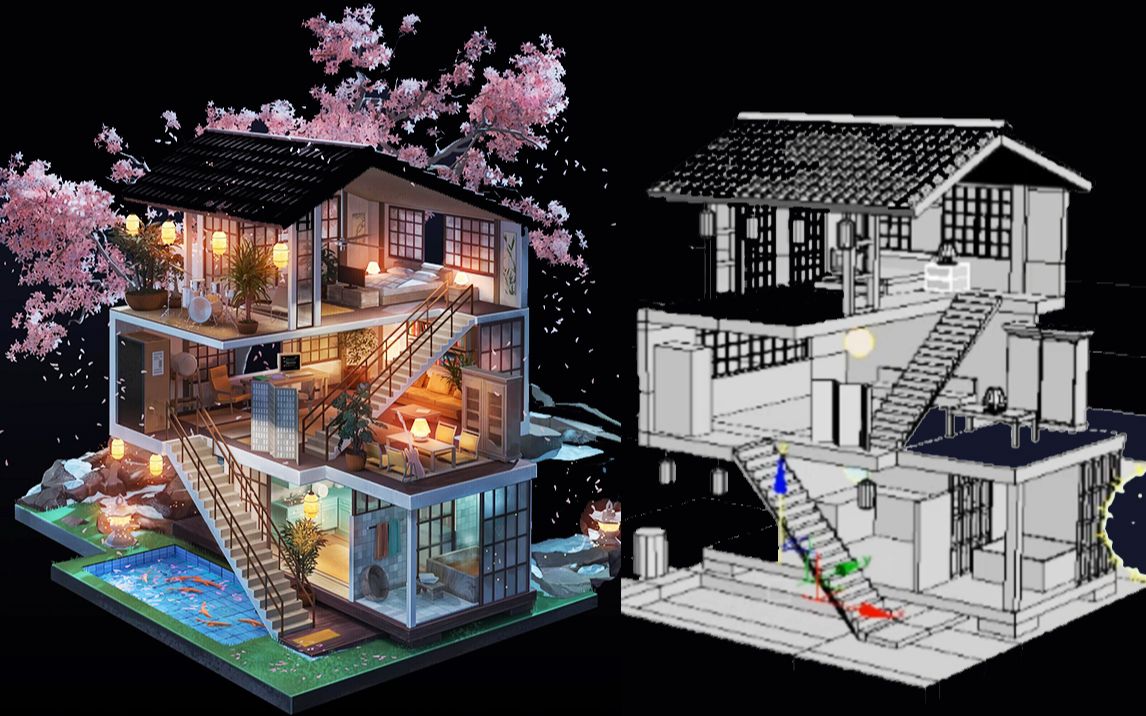 3Dmax场景建模——樱花屋模型制作全流程讲解,独栋别墅大型房子...