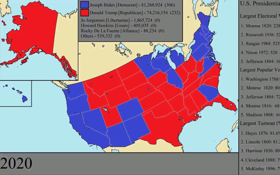 [历史地图] 美国历次总统大选结果图 1789-2020