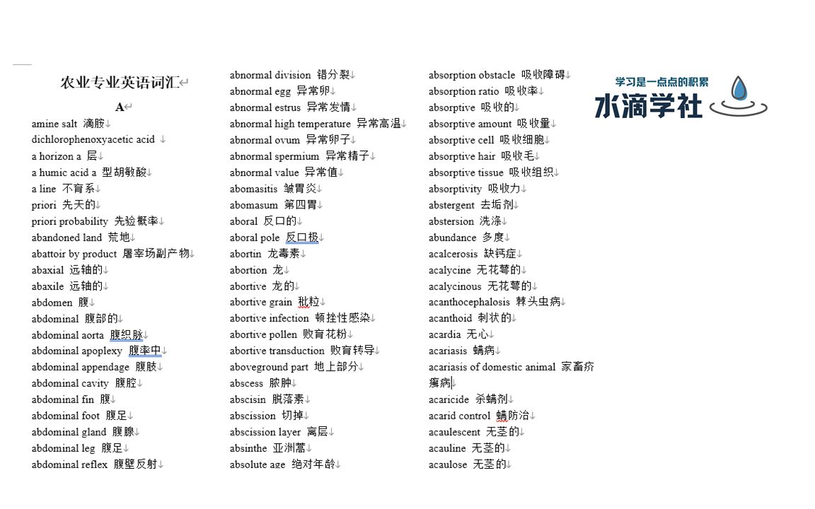 【资料】最全农业专业单词;A部分到Z部分总共9800单词