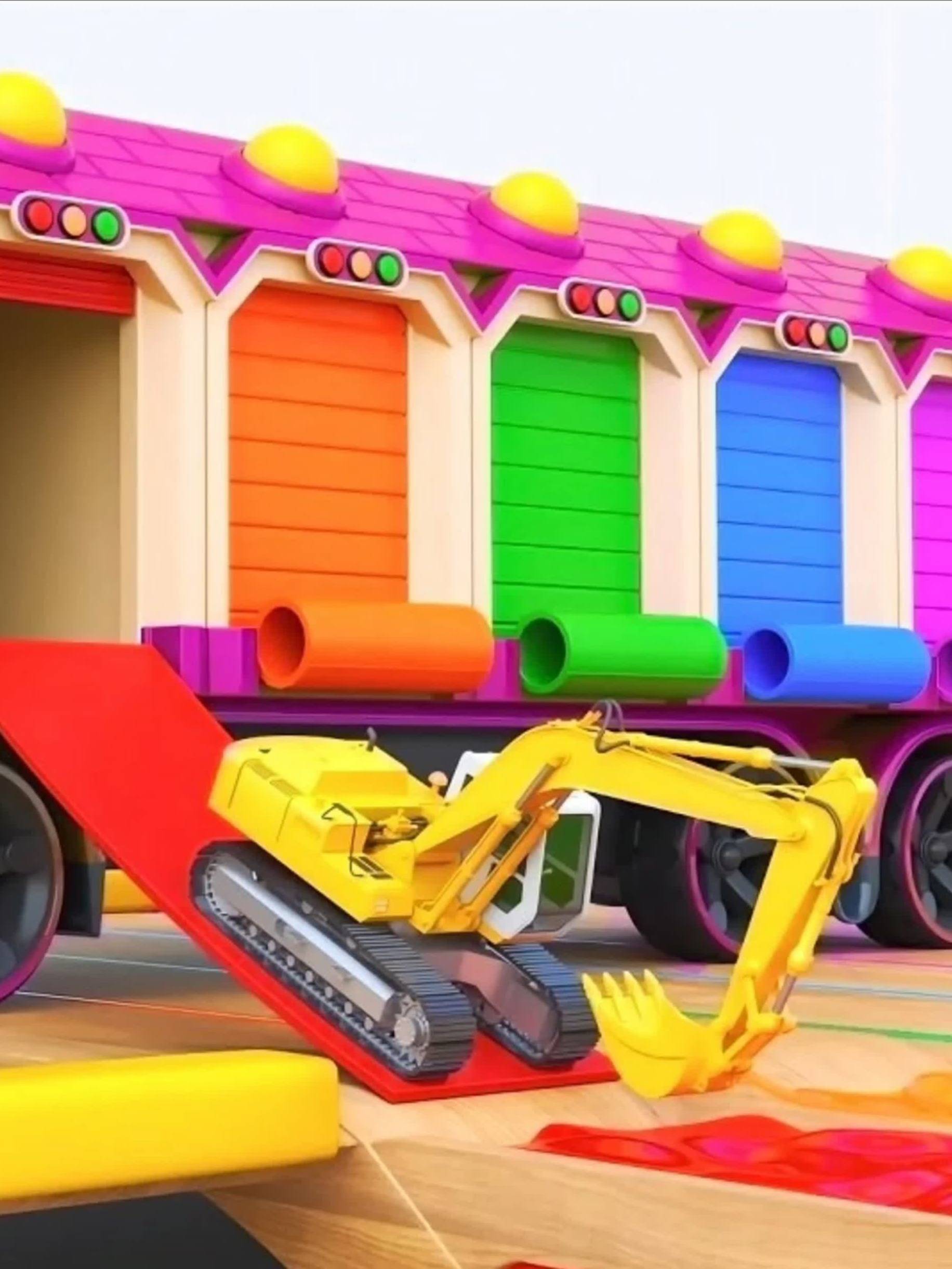 货柜车运来了挖掘机,儿童工程车动画片