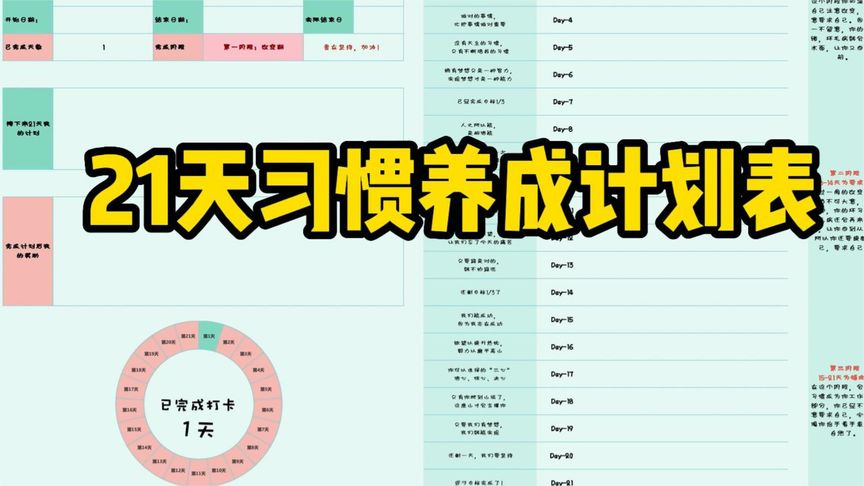 一份用Excel编辑,高颜值的『21天习惯养成计划表』模版