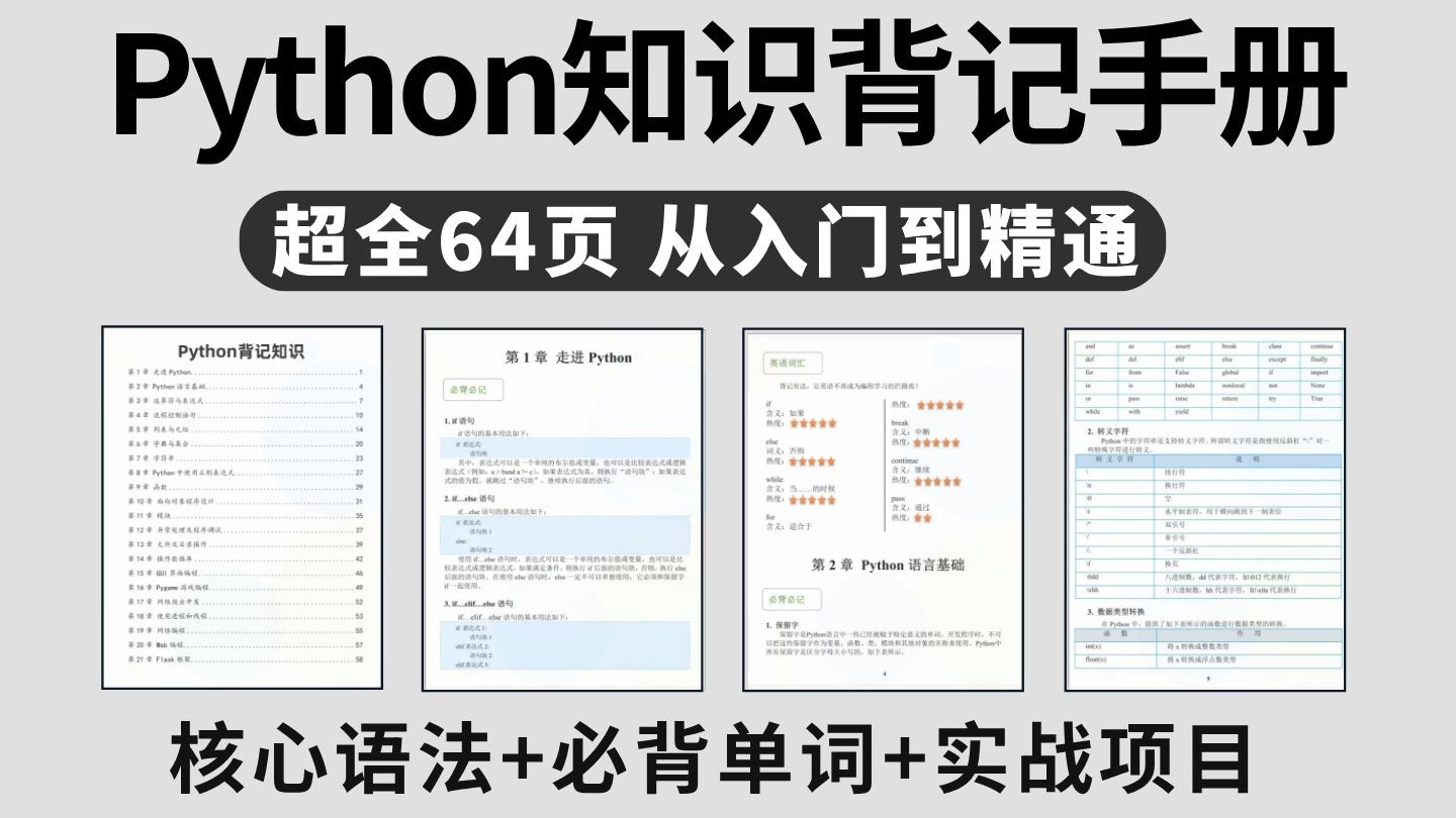 听劝!所有Python基础差的同学,都去死磕这份64页的背记手册!包含所有...