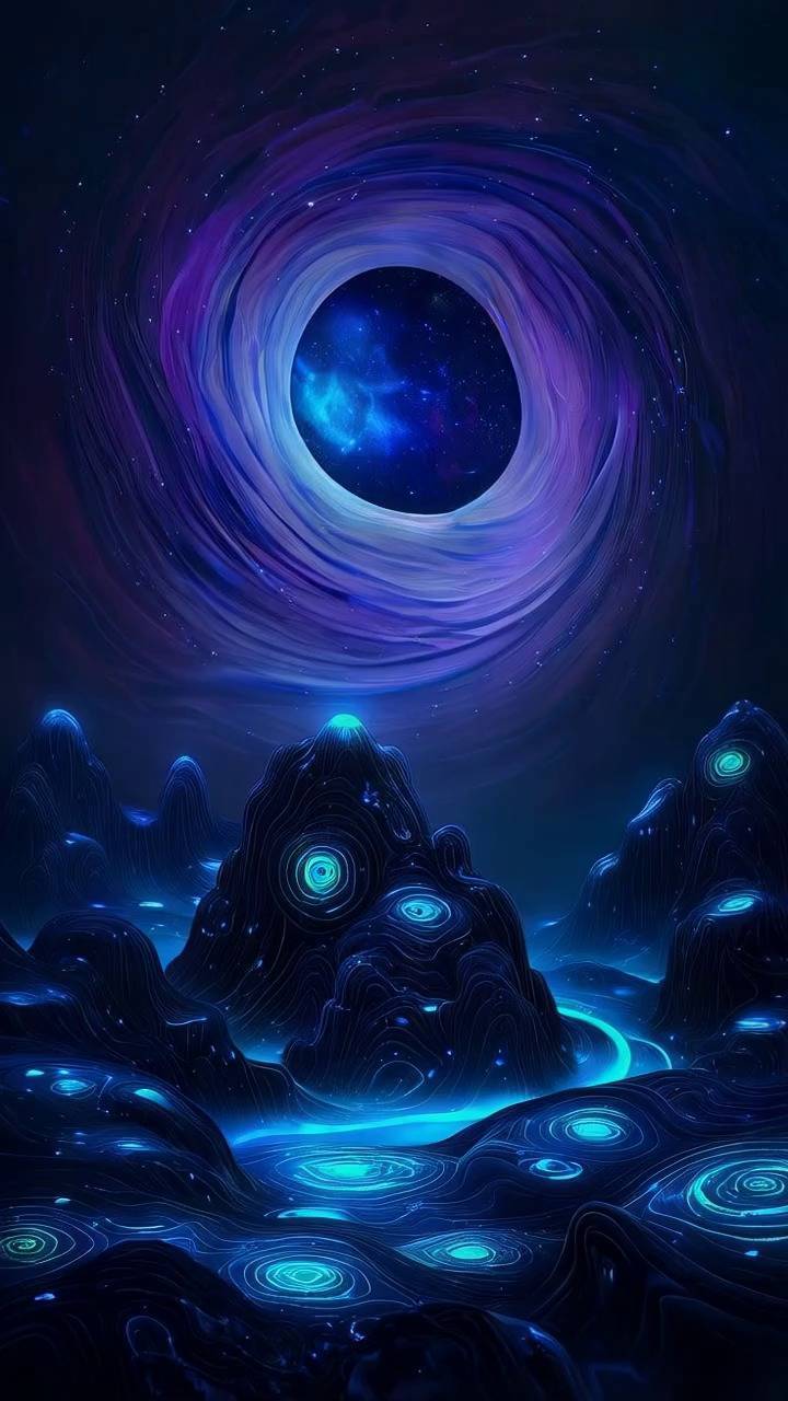 神秘螺旋星系漩涡中悬浮着发光山脉,荧光蓝紫色渐变岩体呈现半透明...