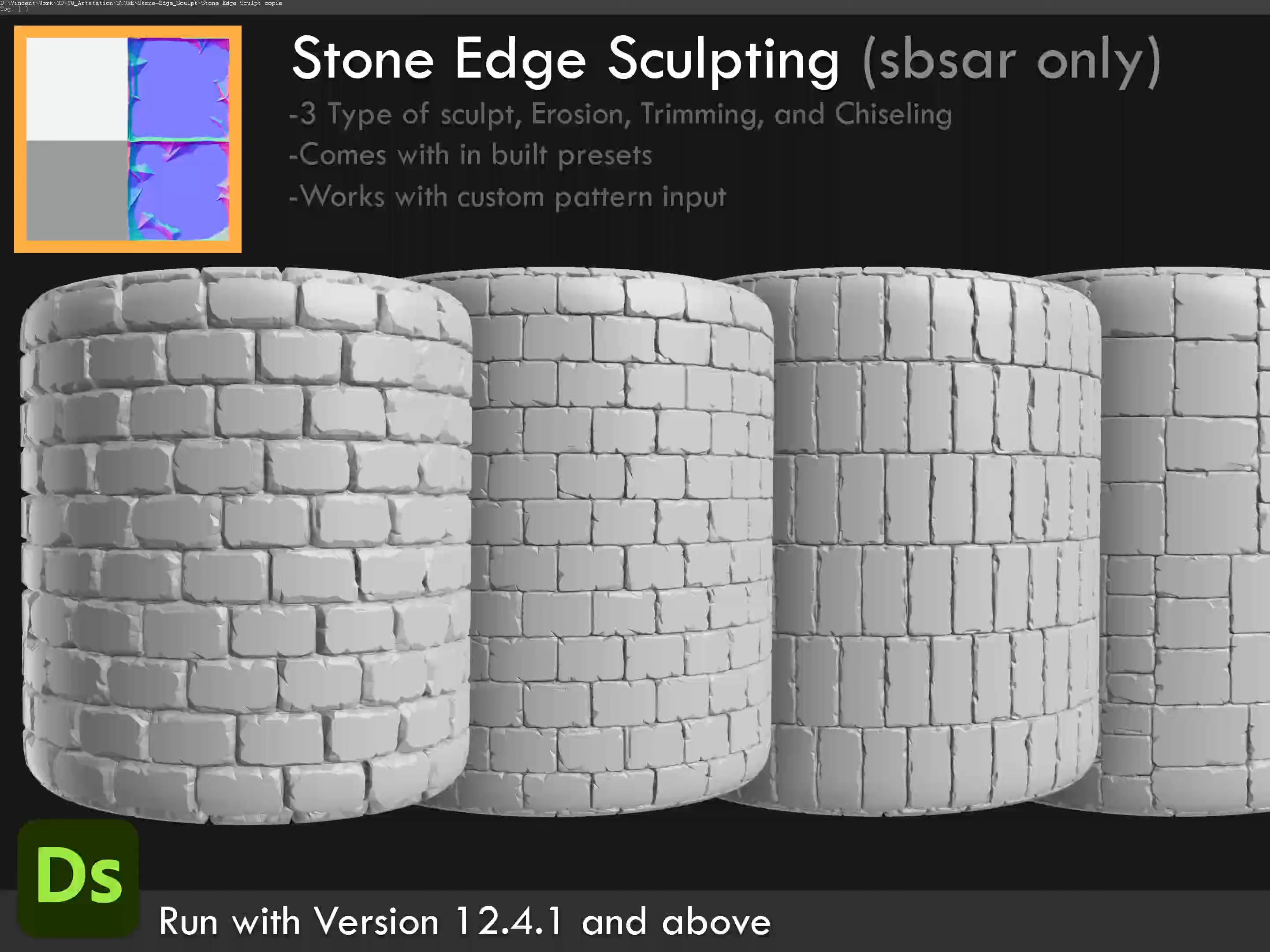 完整制作过程!SD/DS材质sbsar文件1款石材瓷砖边缘雕刻磨损做旧...