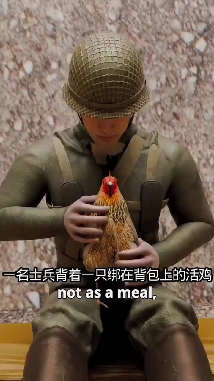 在第一次世界大战中,抱着一只鸡救人的士兵。