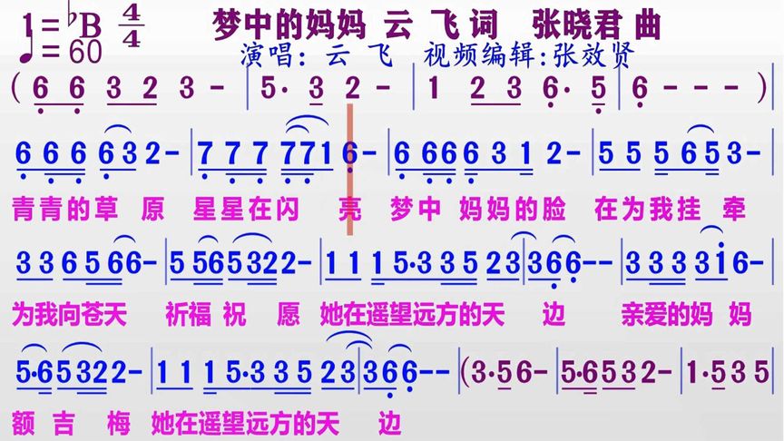 云飞演唱《梦中的妈妈》的同步动态简谱