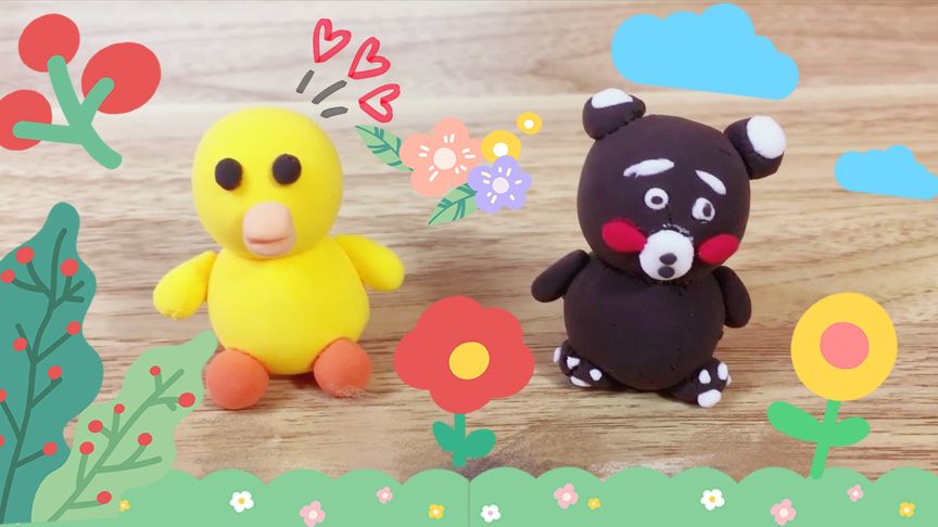 超轻粘土DIY可爱的动物,绿色的草地上有熊本熊和小黄鸭,真好玩